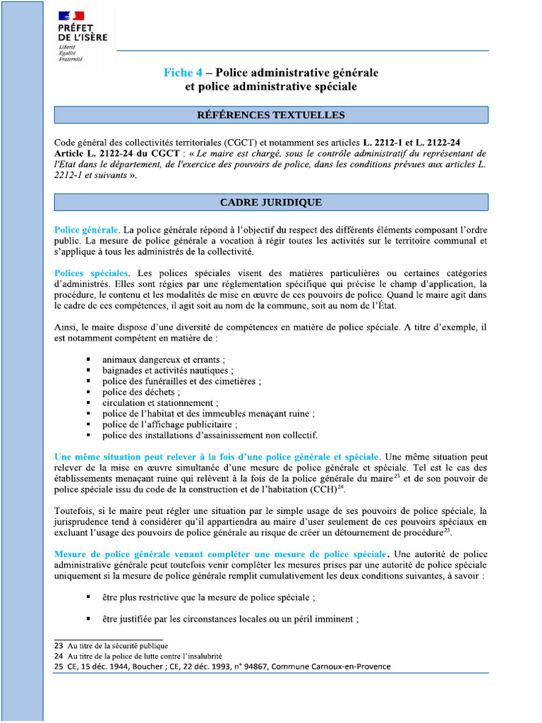Fiche 4 Police Administrative Générale Et Police Administrative ...