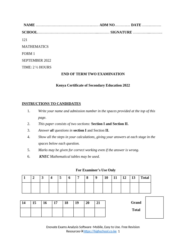 MATHEMATICS Form 1 Term 2 Joint Exam 2022 Questions | PDF