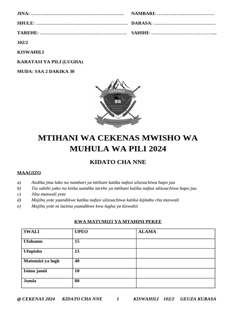 Kiswahili PP2 Questions | PDF