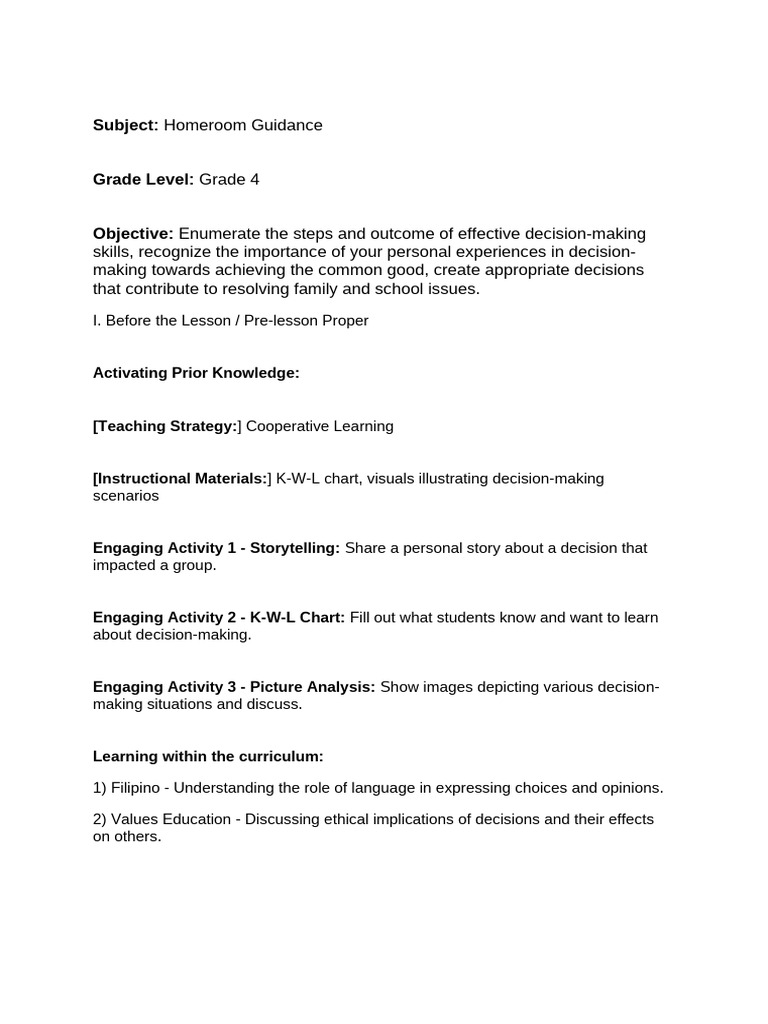 HG 4 Q2 Module 4 Lesson Plan | PDF | Decision Making | Learning