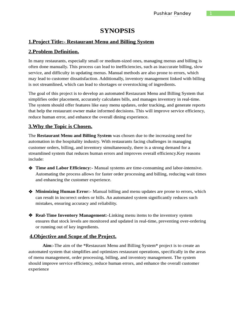 Synopsis: 1.project Title:-Restaurant Menu and Billing System 2.problem Definition | PDF