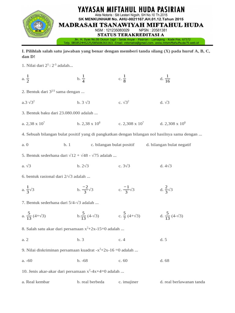 Soal MTK Reni Kls 9 | PDF