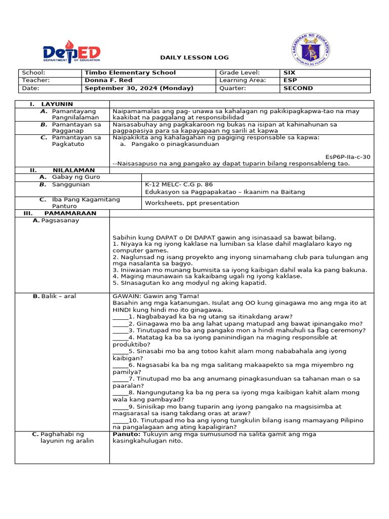 Grade 6 ESP Lesson Plan: Week 2 | PDF | Human Communication | Wellness