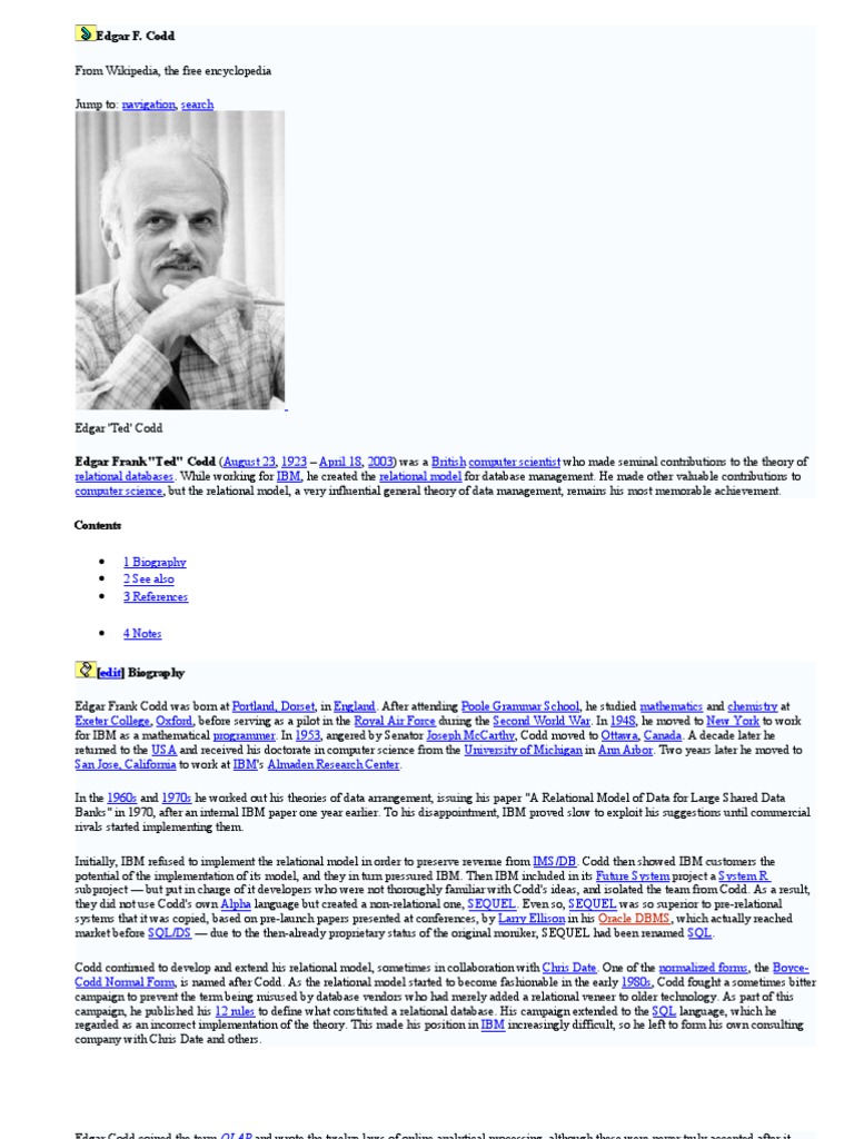 Edgar F. Codd: Pioneer of Relational Databases | PDF | Data | Data ...