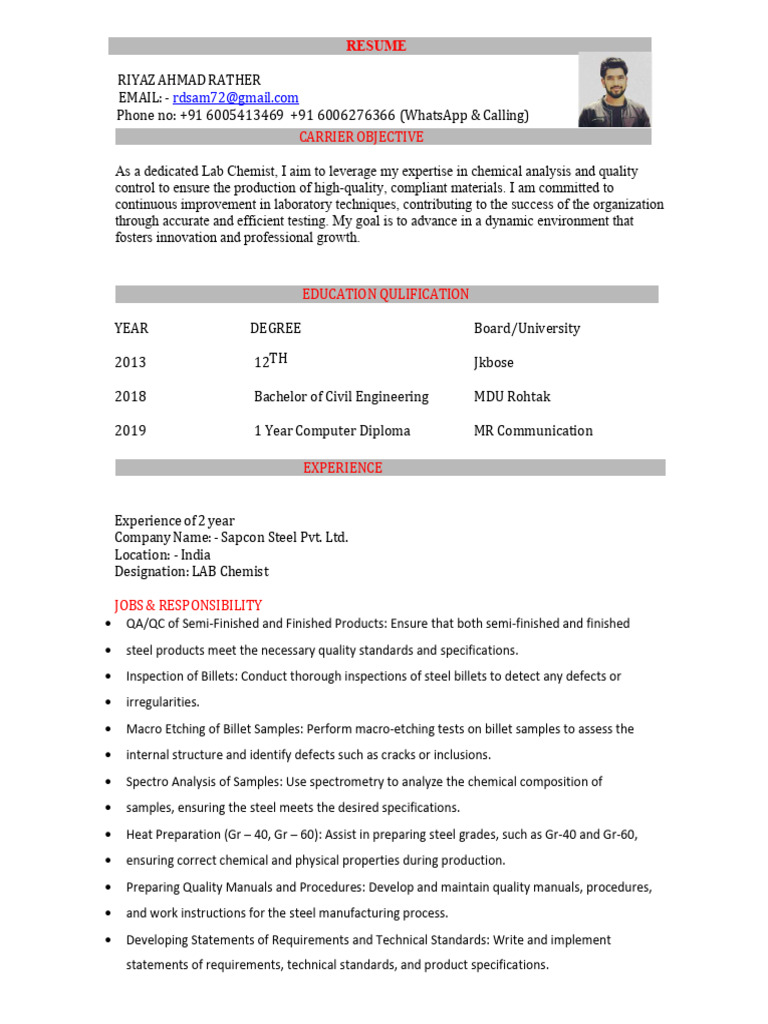 Riyaz Rather LAB Chemist Resume | PDF
