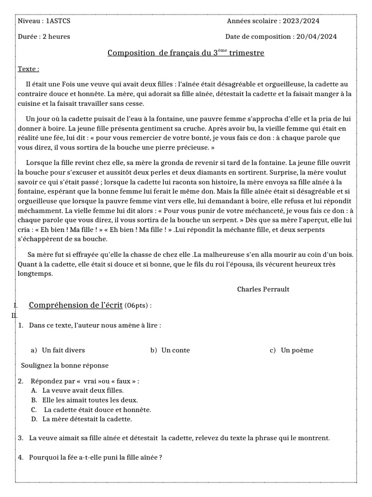Composition de Français Du 3ème Trimestre 1TCas 2024 LA NOUVELLE ...