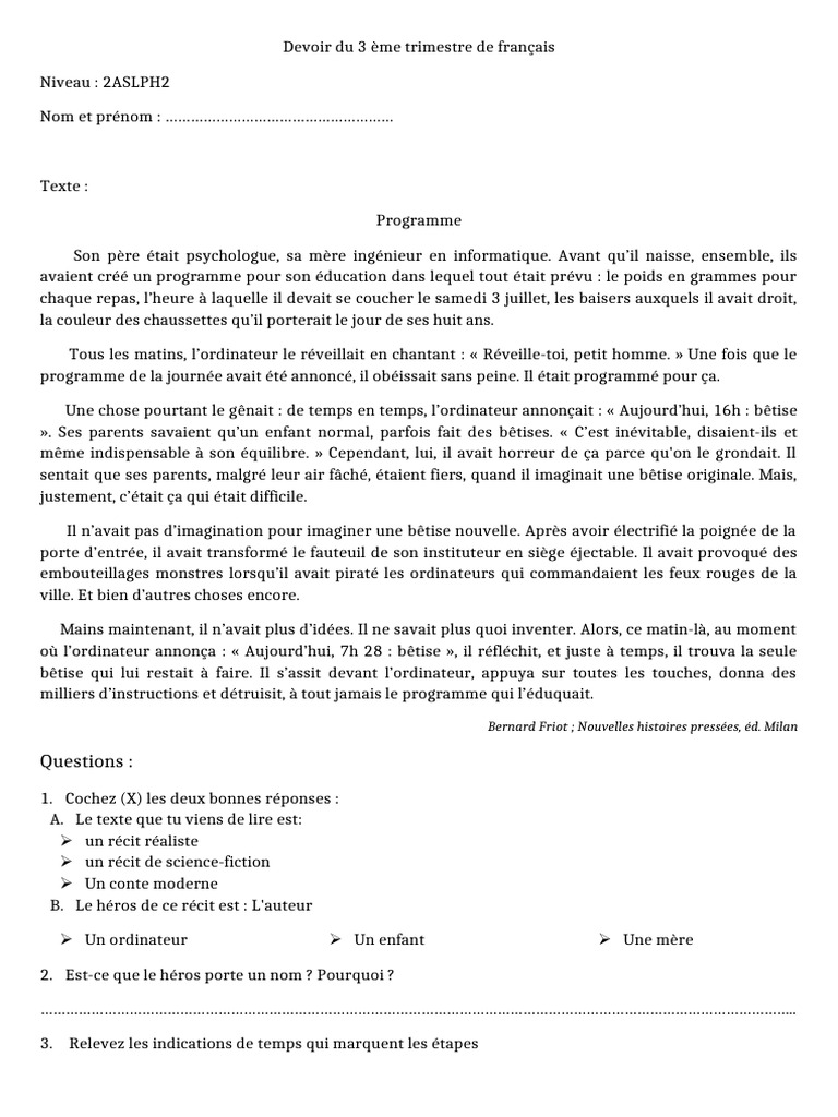 Devoir La Nouvelle D'anticipation 2 As Avril 2024 LPH2 | PDF