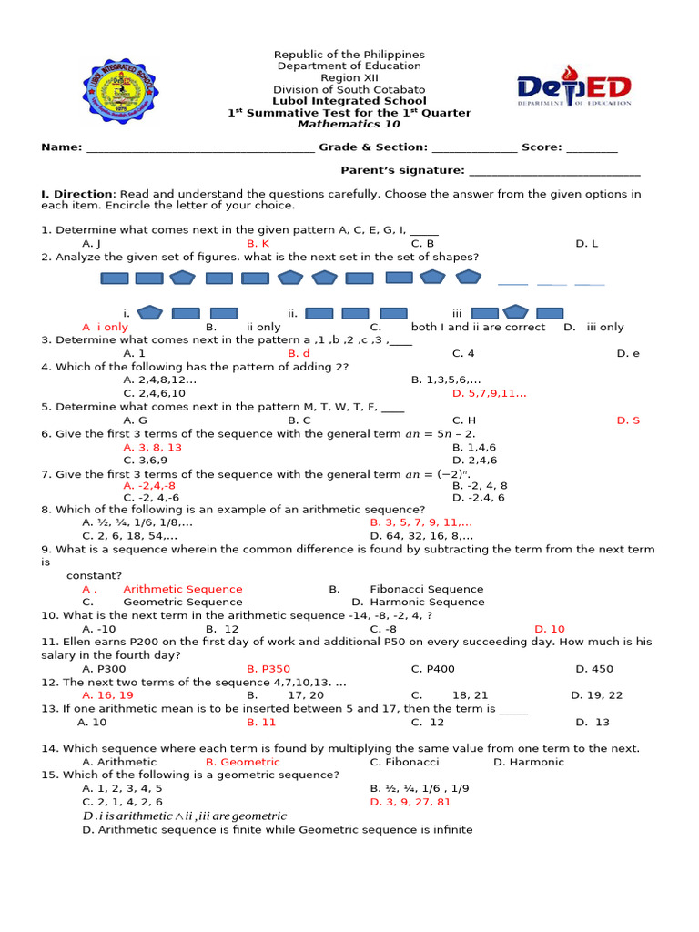 MATH 10 Sum 1 | PDF | Summation | Sequence