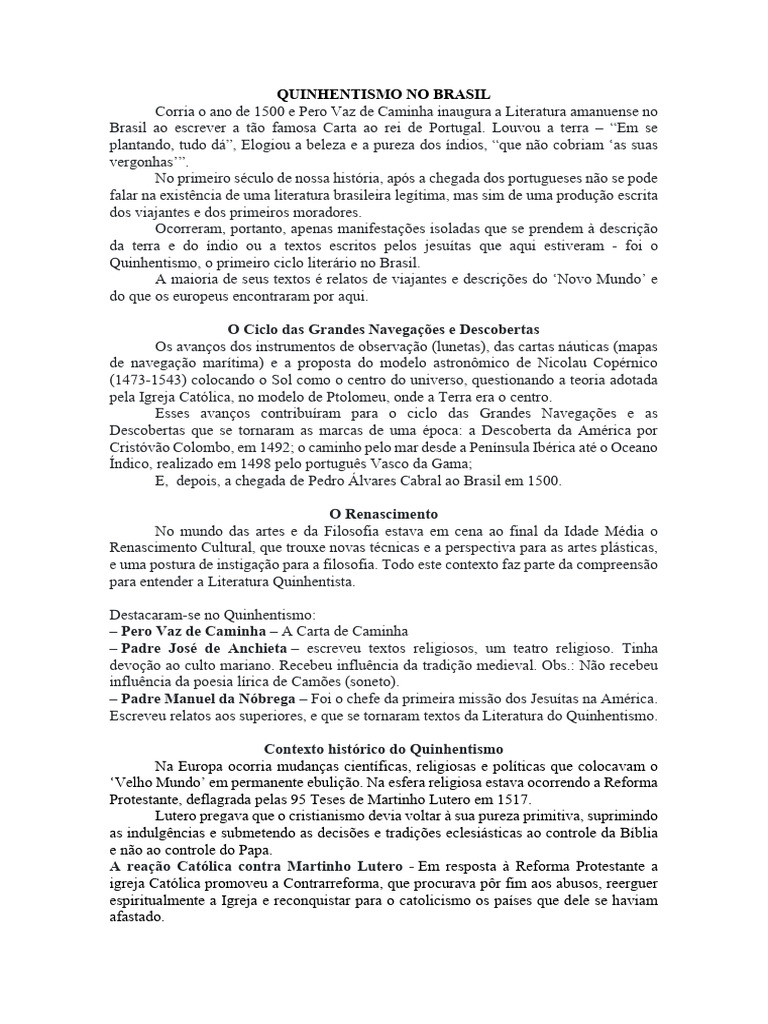 Quinhentismo Resumo | PDF