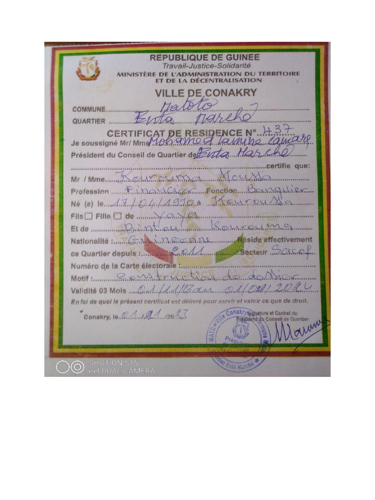 Certificat de Residence Moussa | PDF