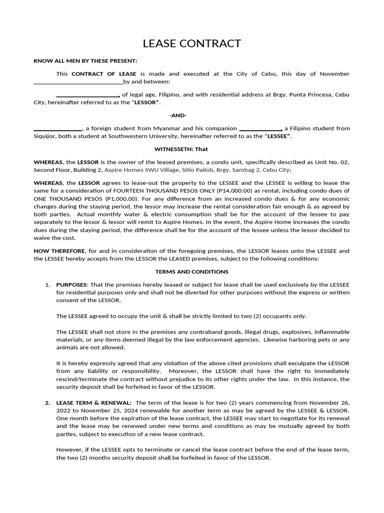 Contract Sample (Contract of Lease) | PDF
