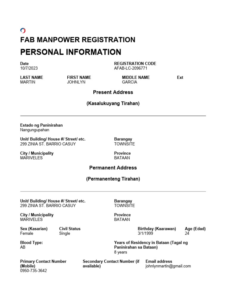 LC.01 Manpower Registration Form - AFAB-LC-2096771 | PDF