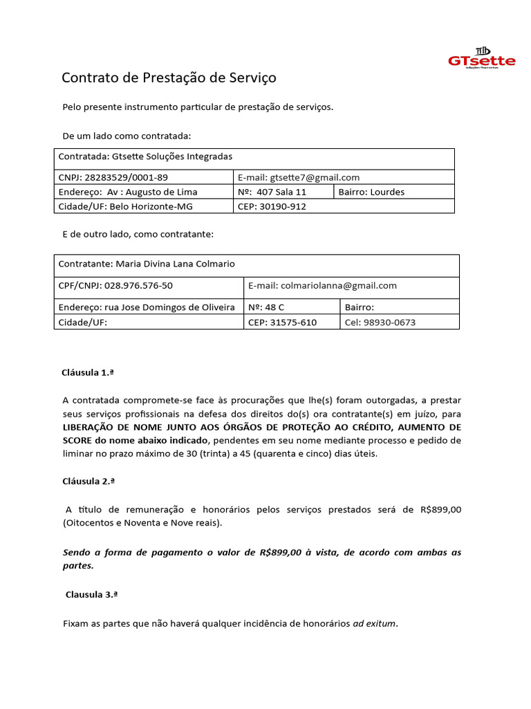 Contrato Cliente Maria Divina | PDF