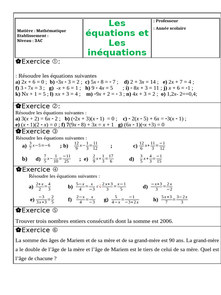Equations Et Inequations Serie D Exercices Maths 3AC Word 1 | PDF