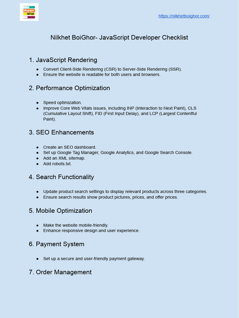 Nilkhet Boi Ghor- Javascript Developer Checklist | PDF