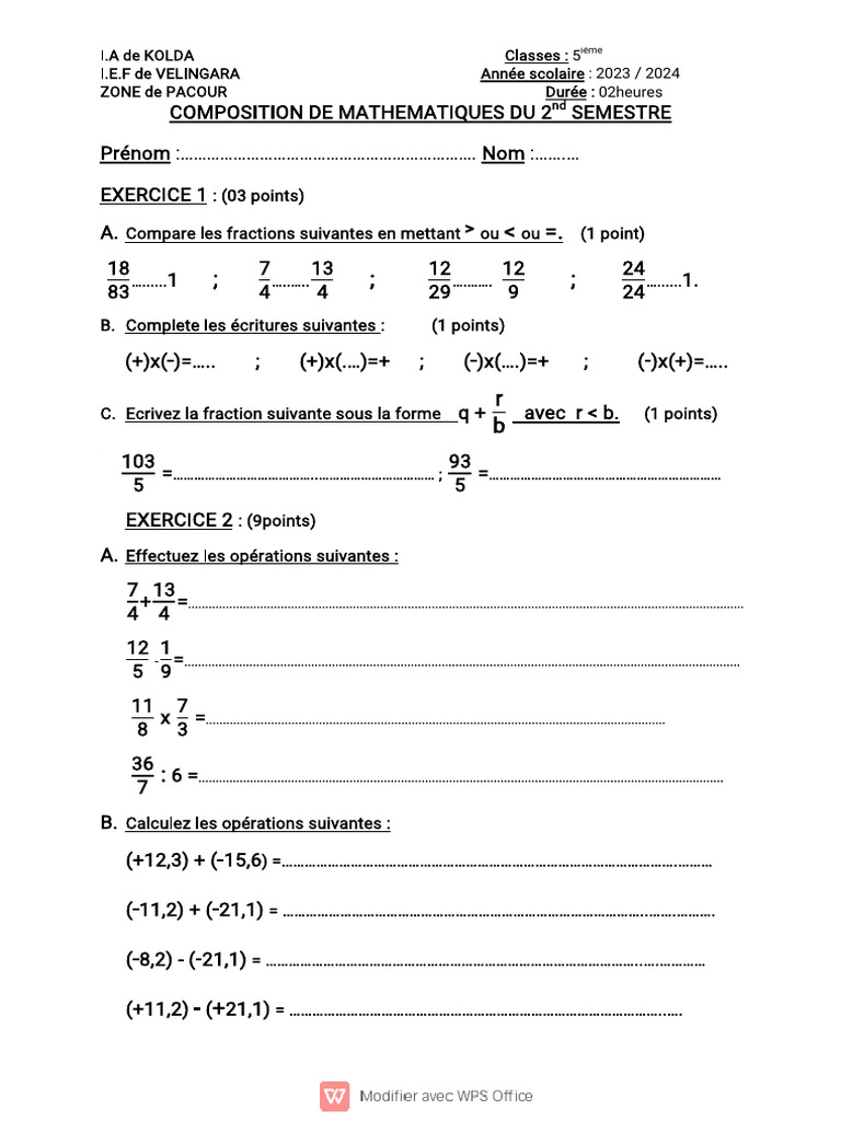 5e Maths composition 2nd semetre 2024 | PDF