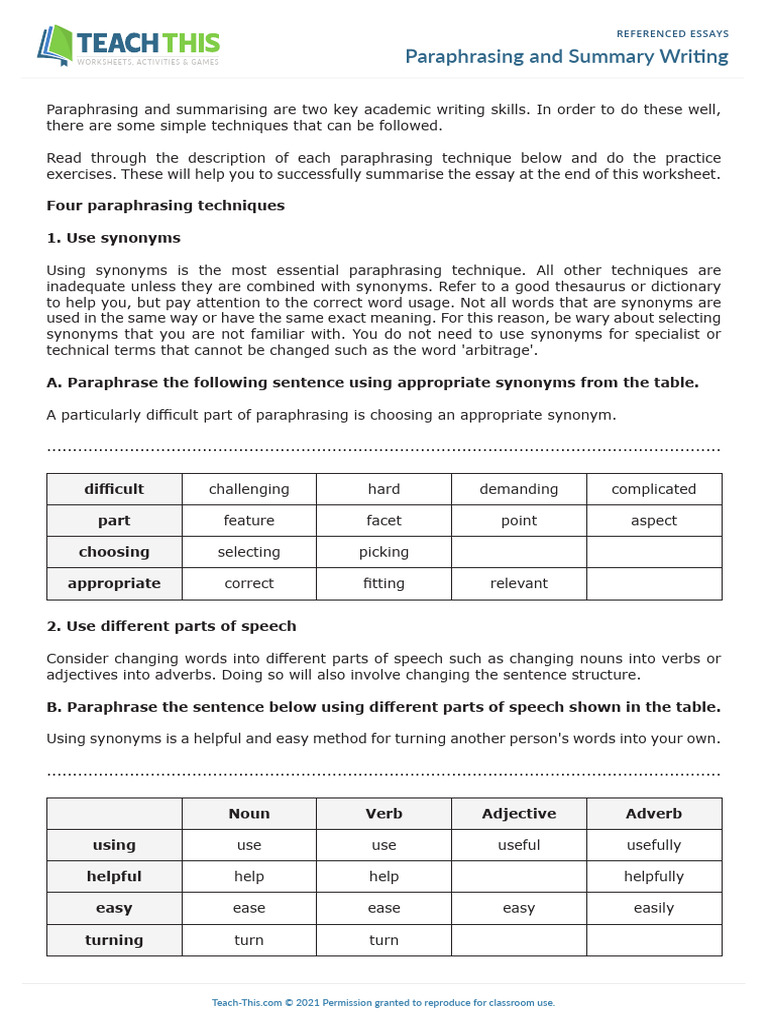 Paraphrasing and Summary Writing Worksheet SV | PDF