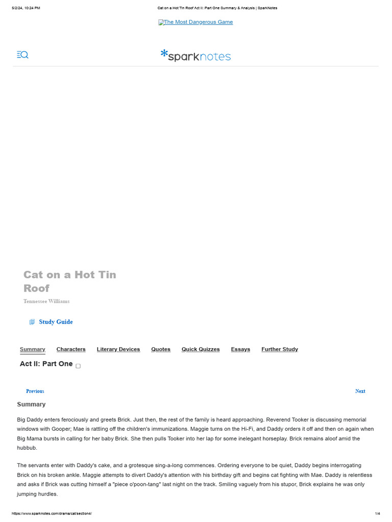 Cat On A Hot Tin Roof Act II - Part One Summary & Analysis - SparkNotes ...