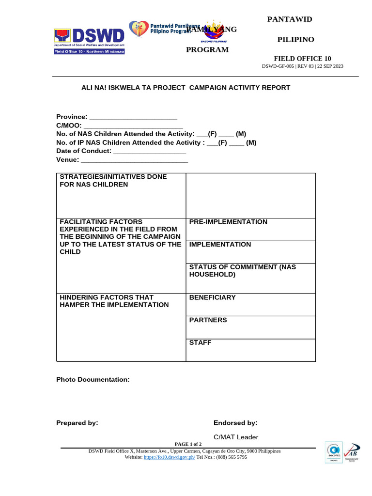 Activity Report | PDF | Welfare | Economy Of The Philippines