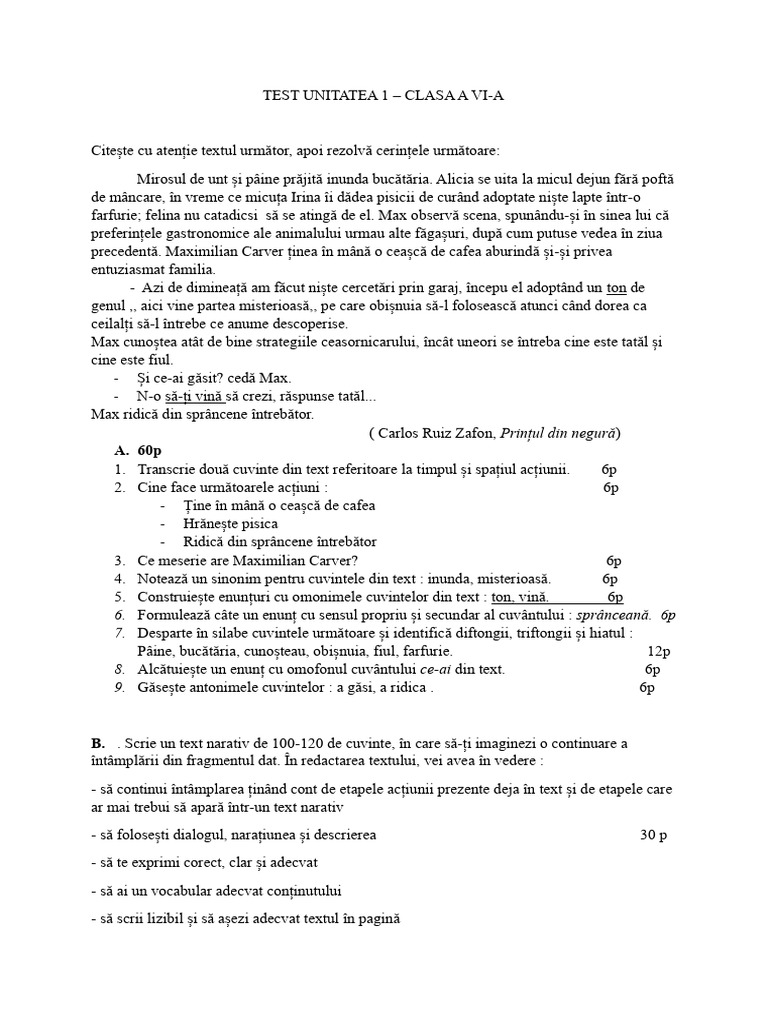 1 Test Unitatea 1 Clasa 6 | PDF