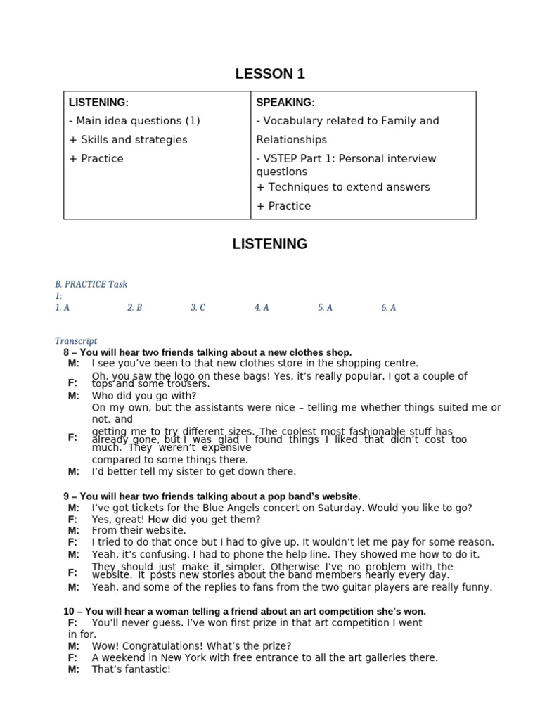 LESSON 1 - LISTENING & READING | PDF
