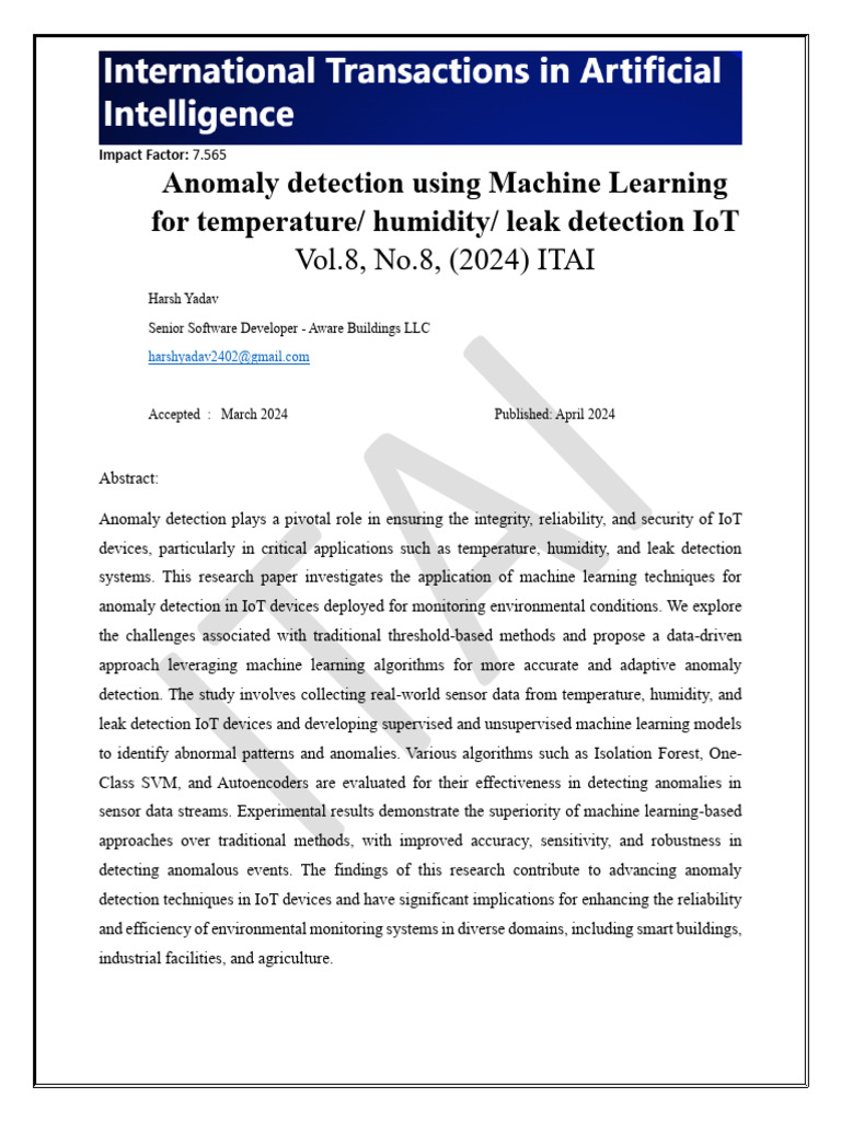 Anomaly detection using Machine Learning for temperature, humidity,leak ...