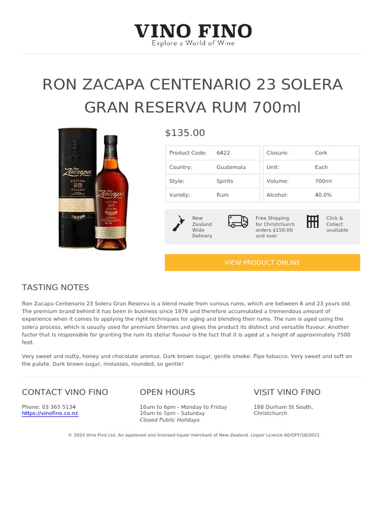 Vino Fino RON ZACAPA CENTENARIO 23 SOLERA GRAN RESERVA RUM 700ml | PDF