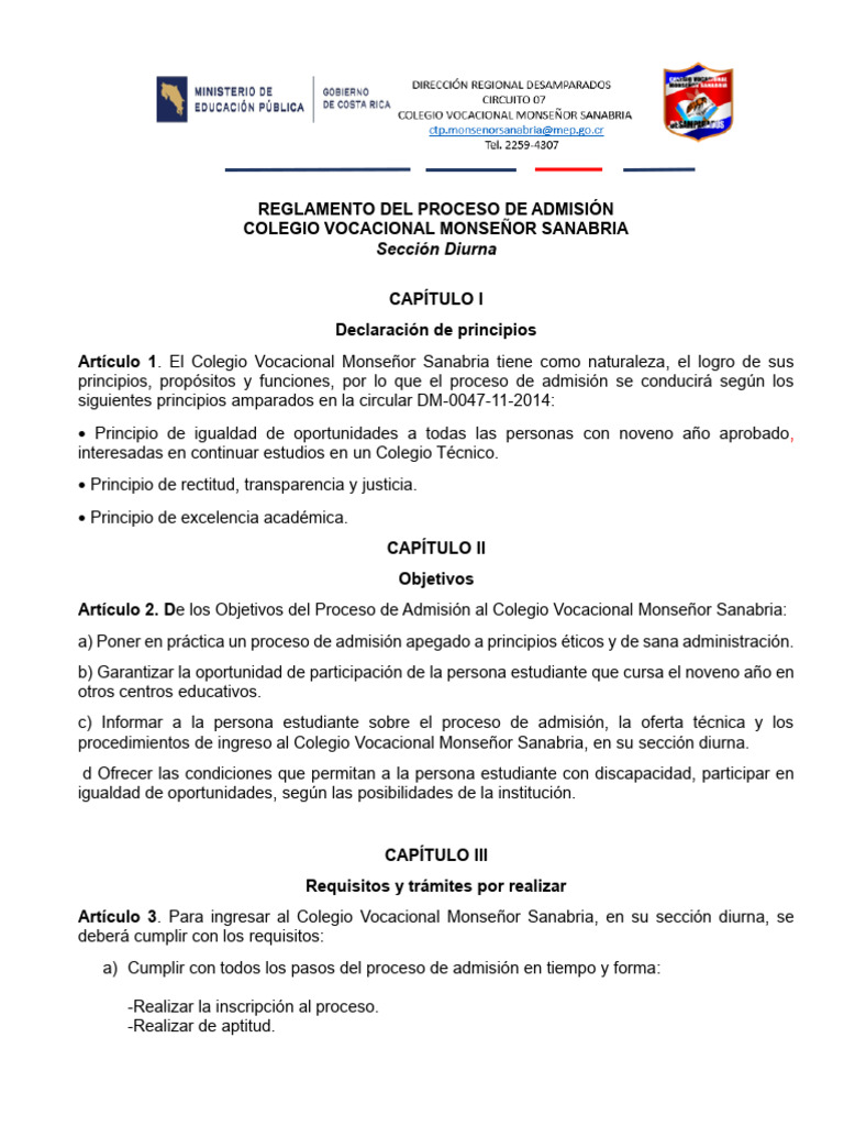 Reglamento Proceso Admisión VOCA 2024-2025 | PDF