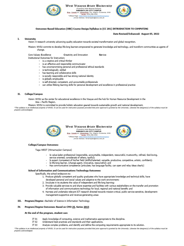 CC 201: Introduction to Computing Syllabus | PDF | Computing | Information