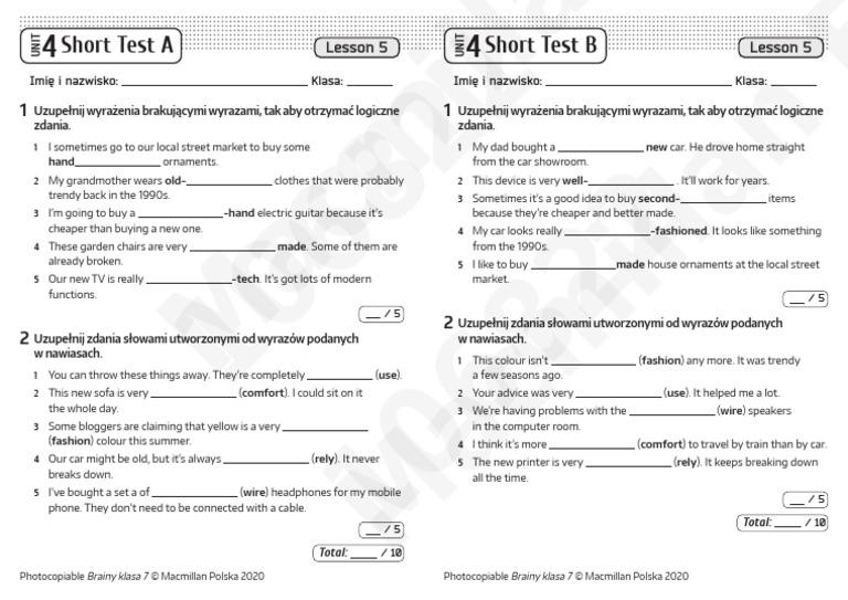 Brainy kl7 Short Tests Unit 4 Lesson 5 | PDF