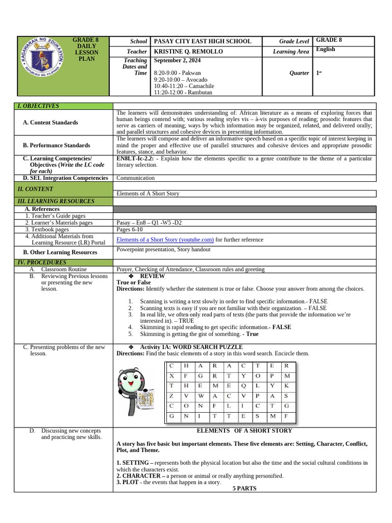 Dlp-English 8 - Week 5 | PDF | Plot (Narrative) | Teachers