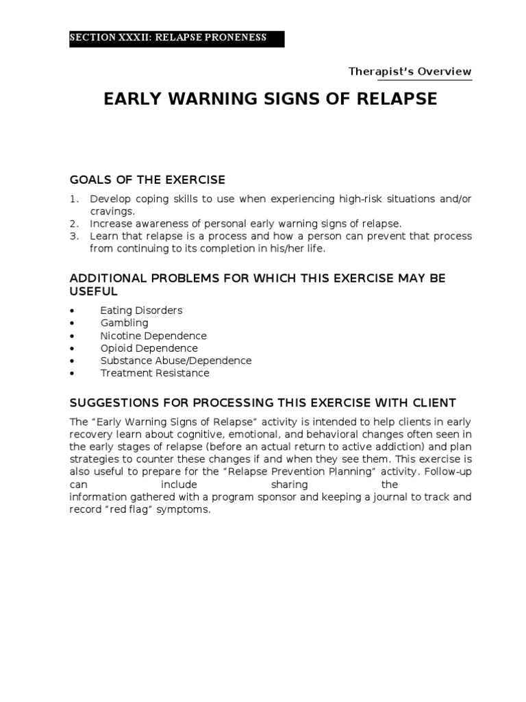 Early Warn Signs Relapse | PDF | Relapse | Substance Dependence