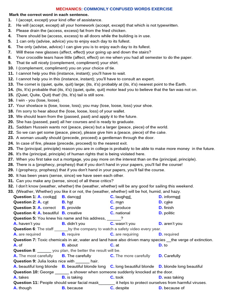 COMMONLY CONFUSED WORDS With Keys Hs 2021 | PDF