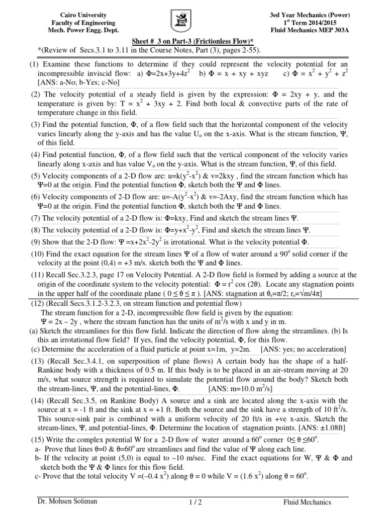 Fluid Mechanics - Sheet 3 | PDF