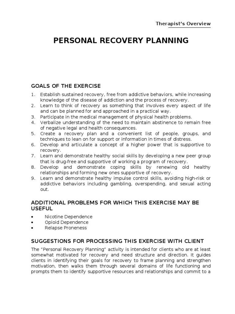 Personal Recovery Planning | Recovery Approach | Substance Dependence