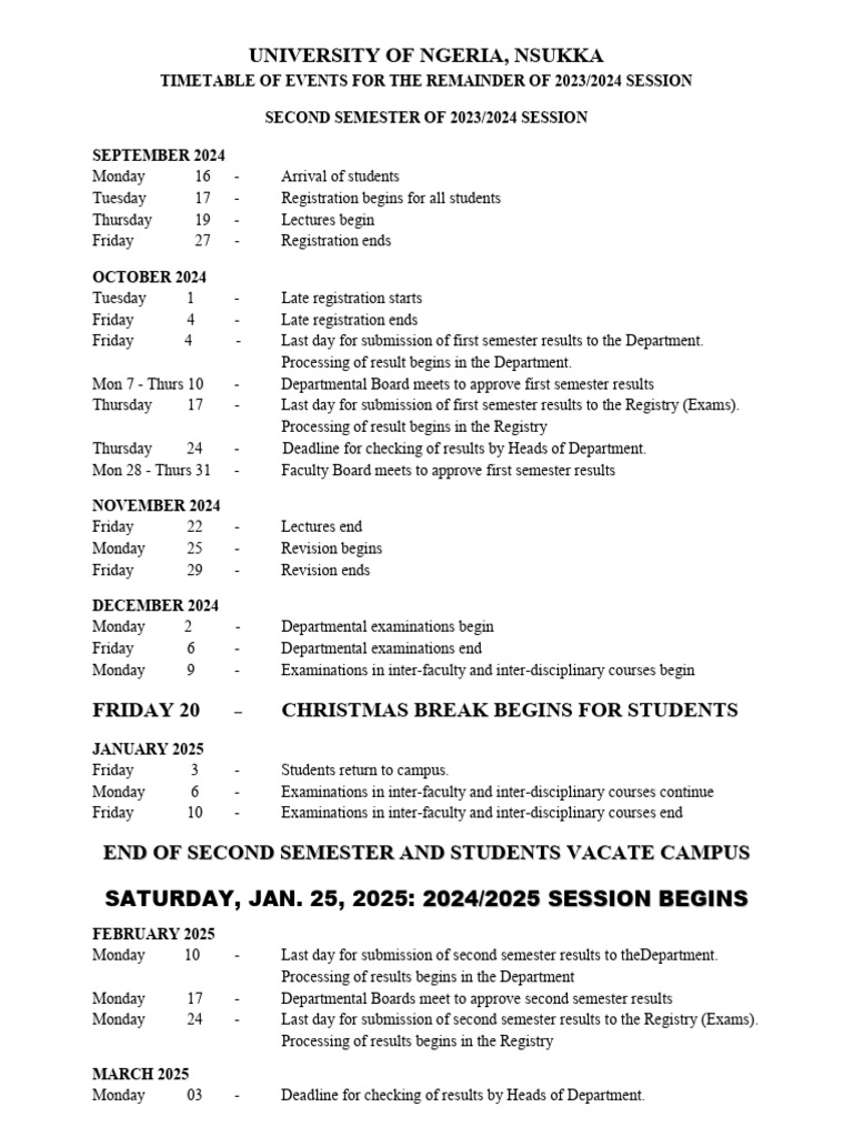 Revised Timetable of Events For Second Semester 2023-2024 Session | PDF