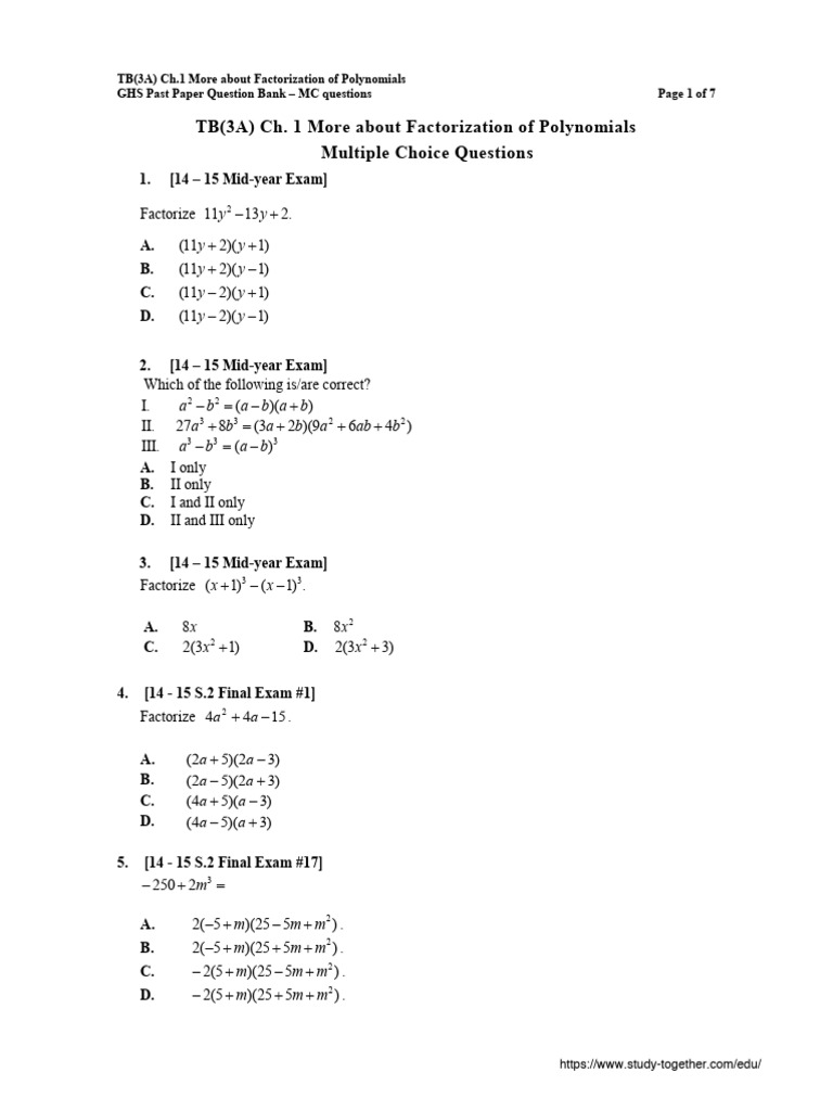 Good Hope School 14-19-3A Ch.1 More About Factorization of Polynomials MC.pdf副本 | PDF