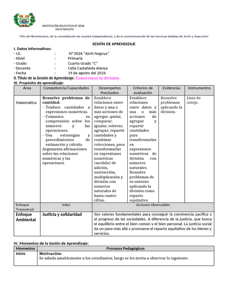 Sesion Conociendo La Division Matematicas 20 de Agosto 24 | PDF