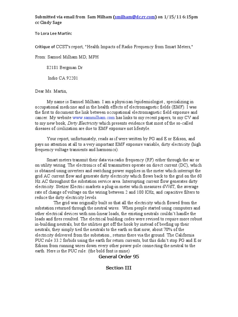 Dr. Sam Milham To CCST On Smart Meters | PDF | Manufactured Goods ...