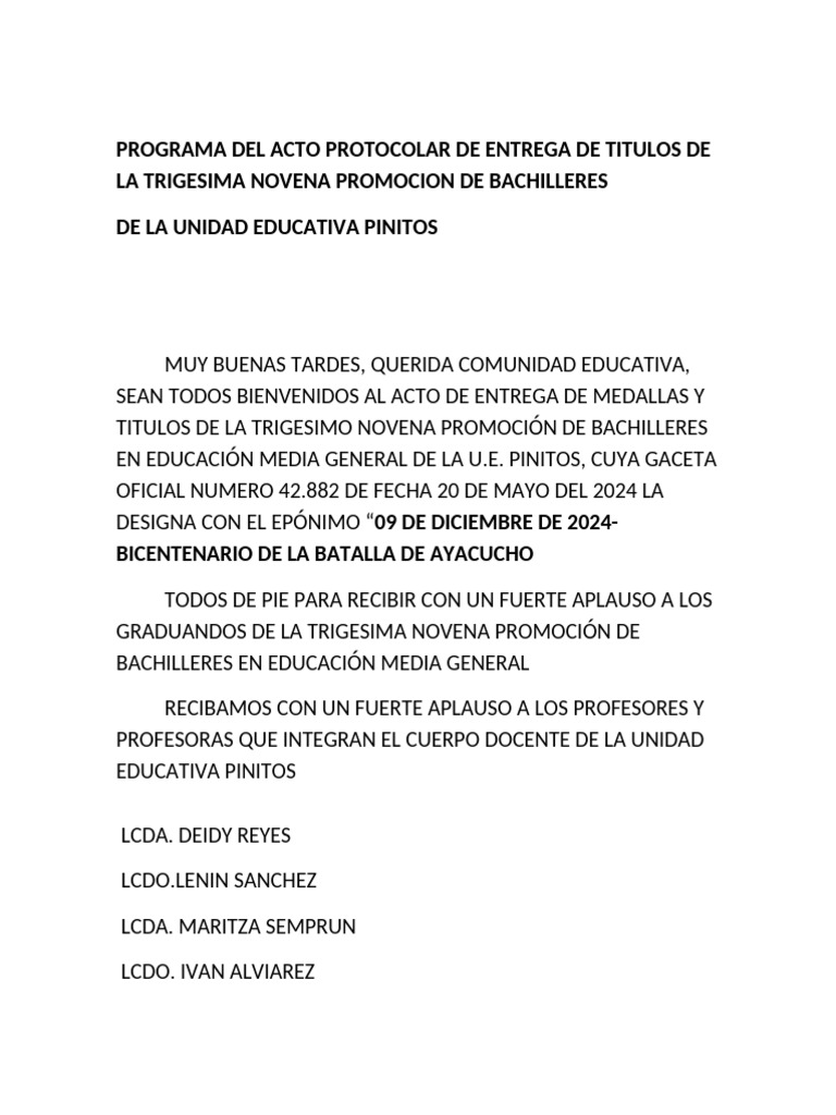 Programa Del Acto Protocolar de Entrega de Titulos de La Trigesima ... Programa Del Acto Protocolar de Entrega de Titulos de La Trigesima ...