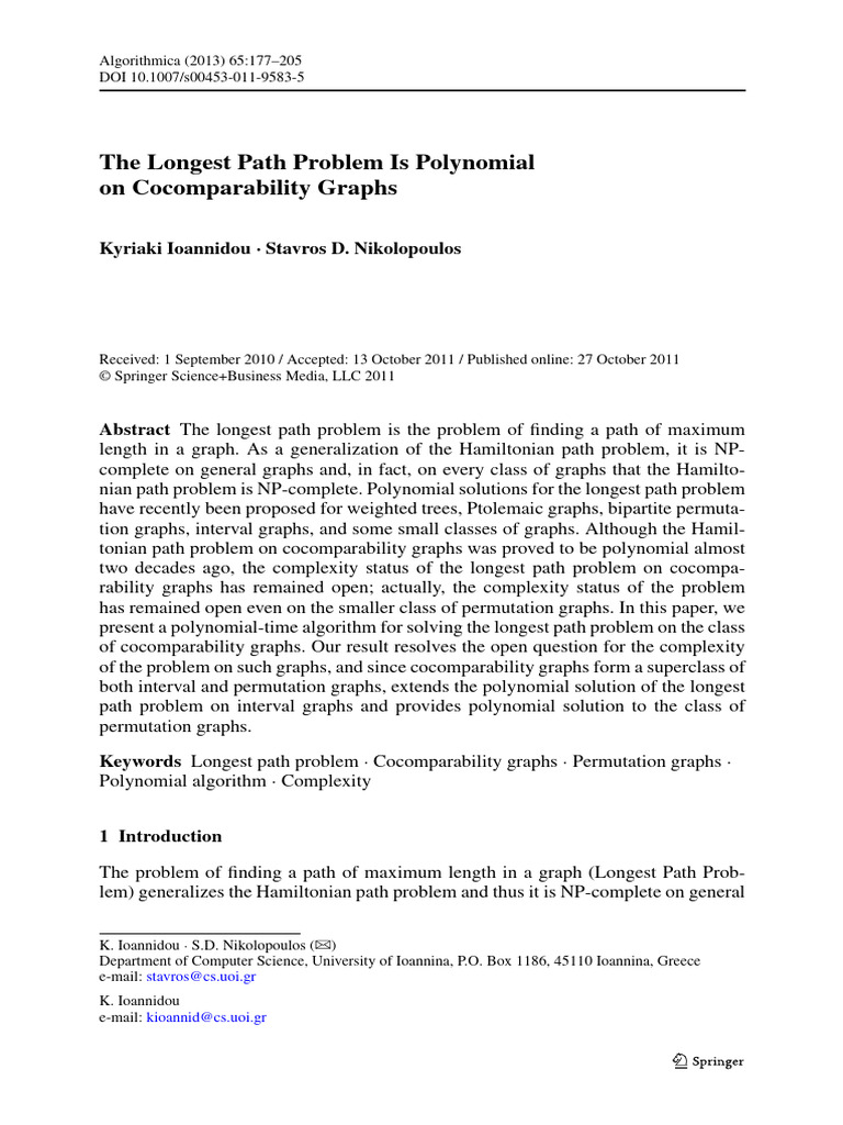 The Longest Path Problem Is Polynomial On Cocomparability Graphs | PDF