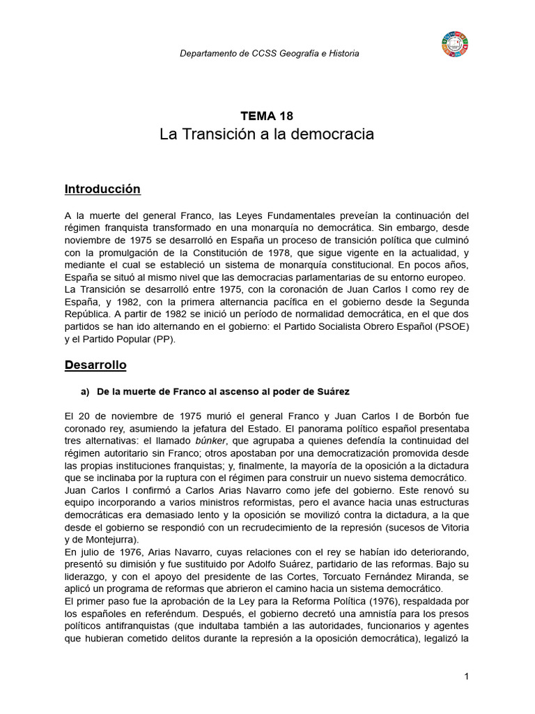 Unidad 18. La Transición A La Democracia | PDF