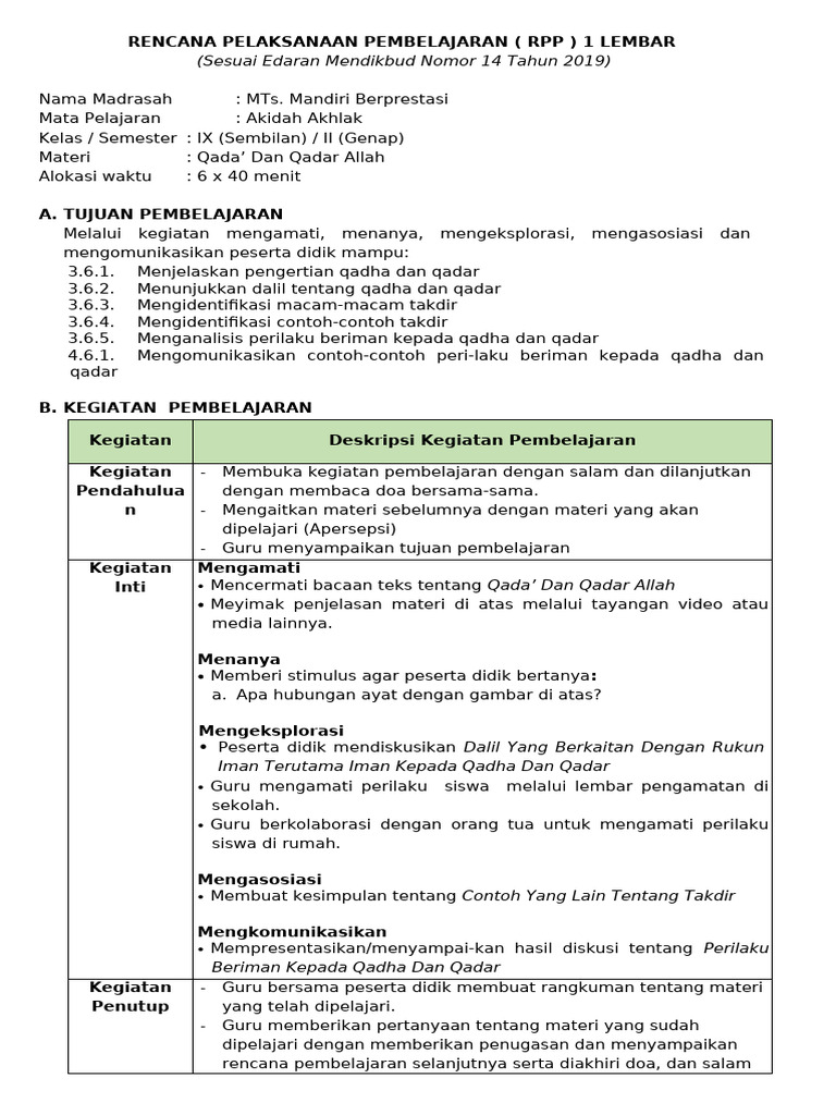 RPP Akidah Akhlak Kelas 8 Semester 2 | PDF