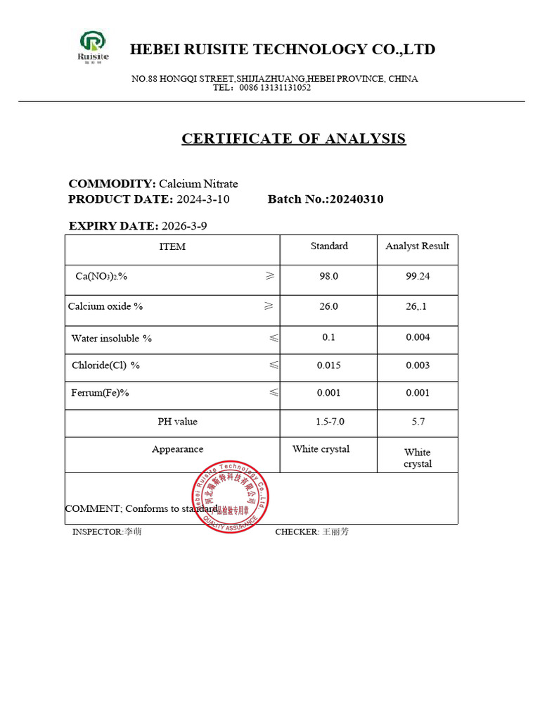 COA of Calcium Nitrate | PDF