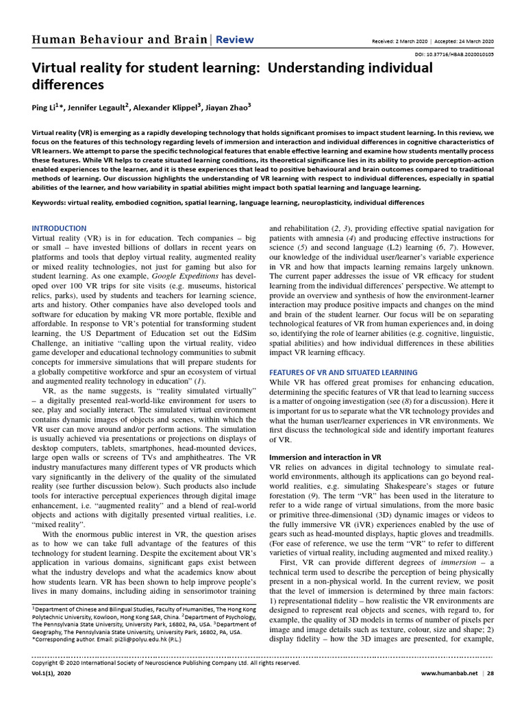 Virtual Reality For Student Learning Understanding Individual | PDF