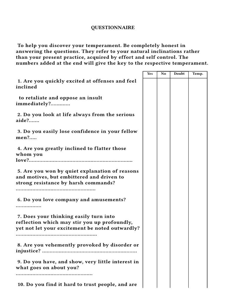 Four Temperaments Questionairre | PDF