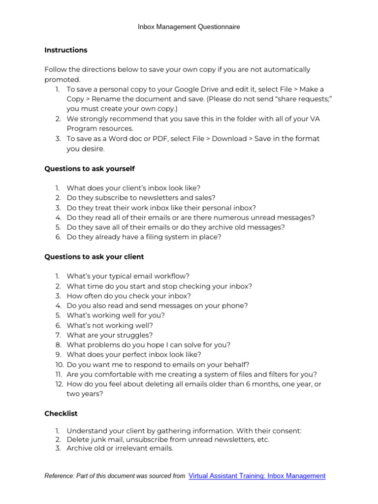 VA Pack - Inbox Management Questionnaire | PDF