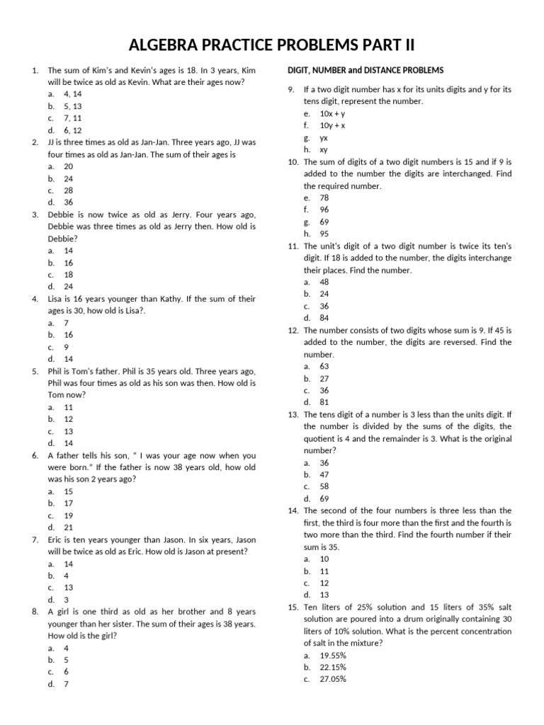 Algebra Part 2 Practice Problems | PDF