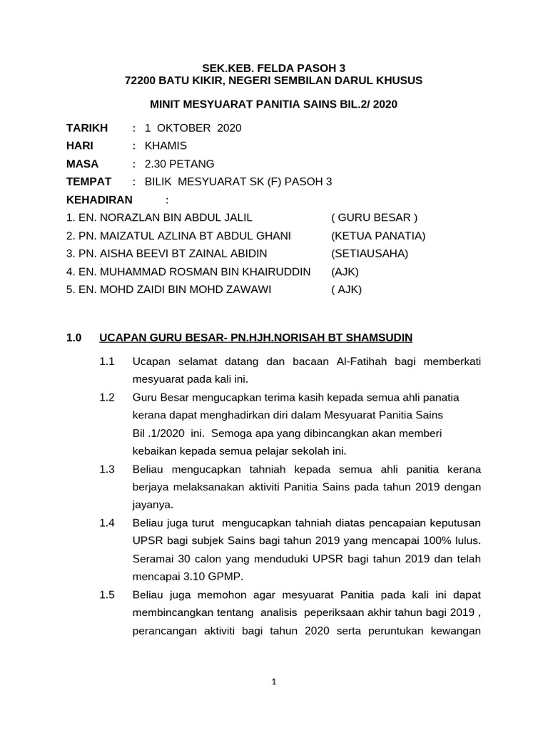 cONTOH Minit PANITIA SN BIL 2 2020 | PDF
