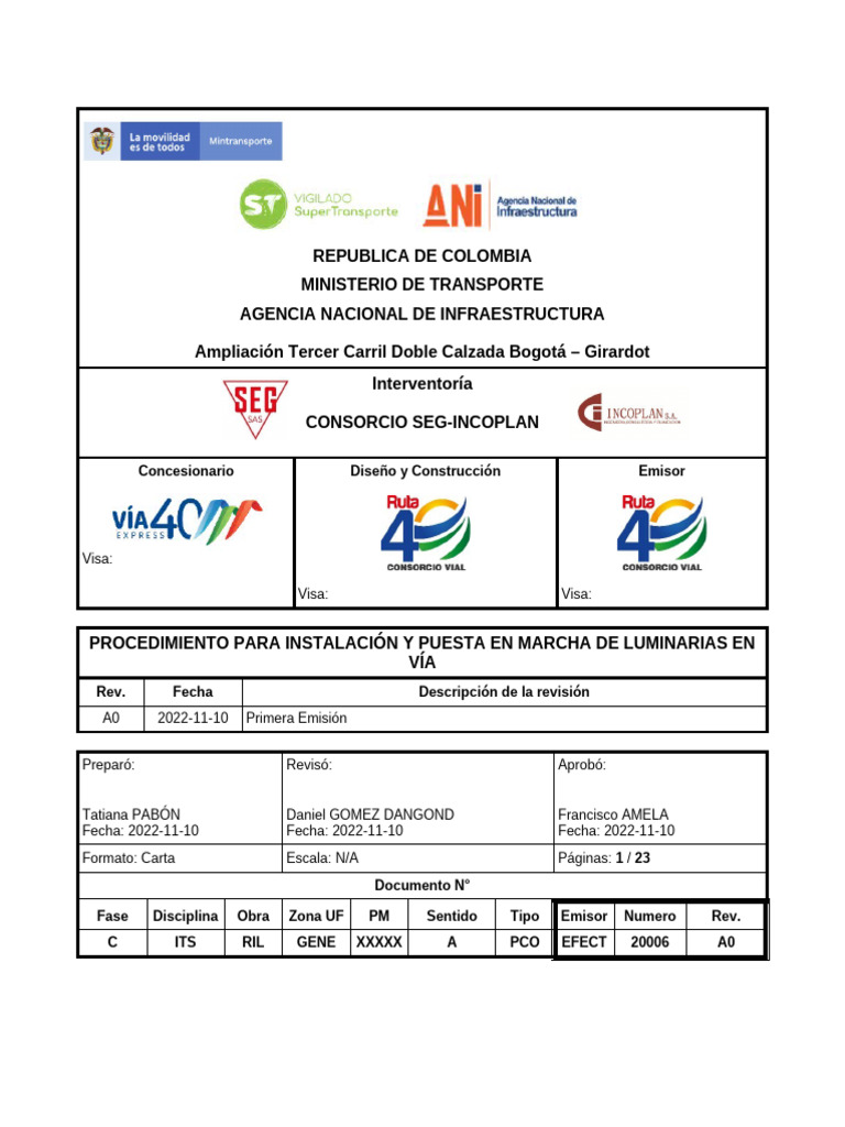 EFECT-20006-A0-Procedimiento Instalación Luminarias en Vía | PDF